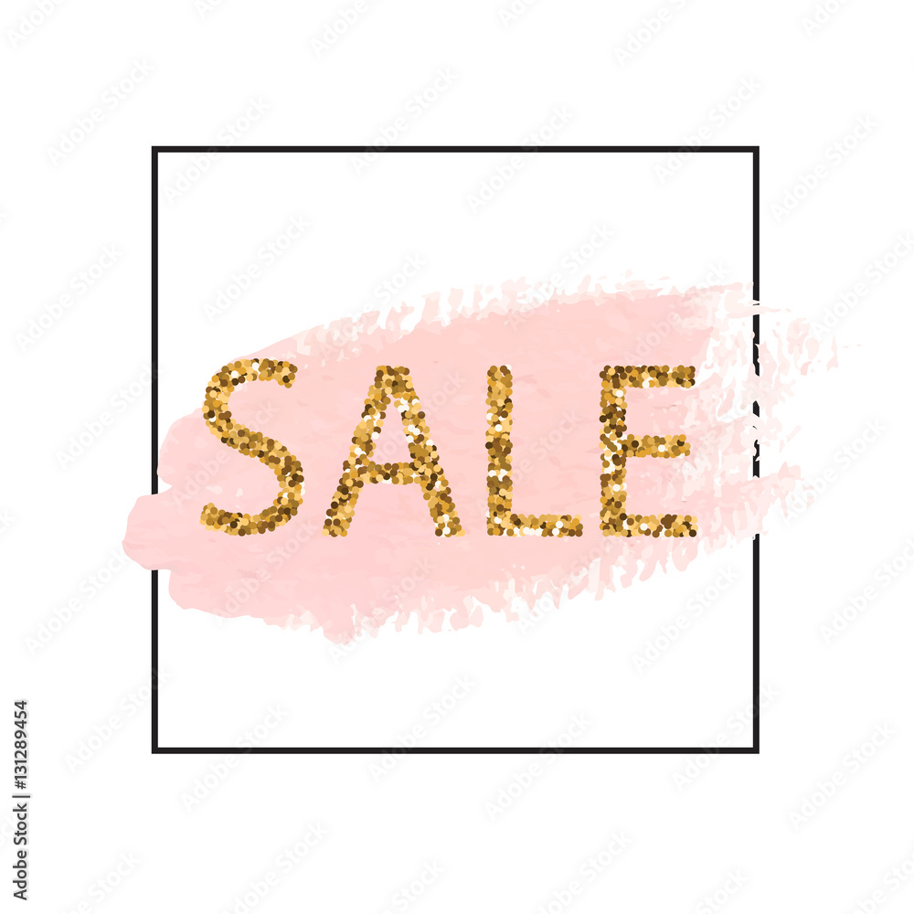 Golden Sale lettering in frame. Pastel pink watercolor background. For ...