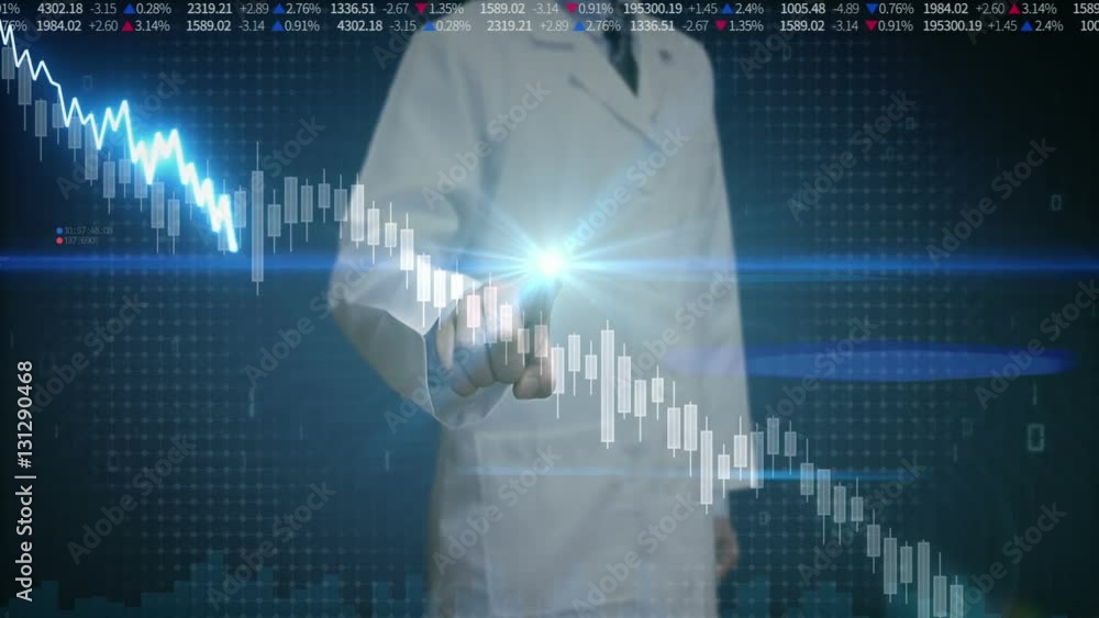 Researcher engineer touched screen, various animated Stock Market ...