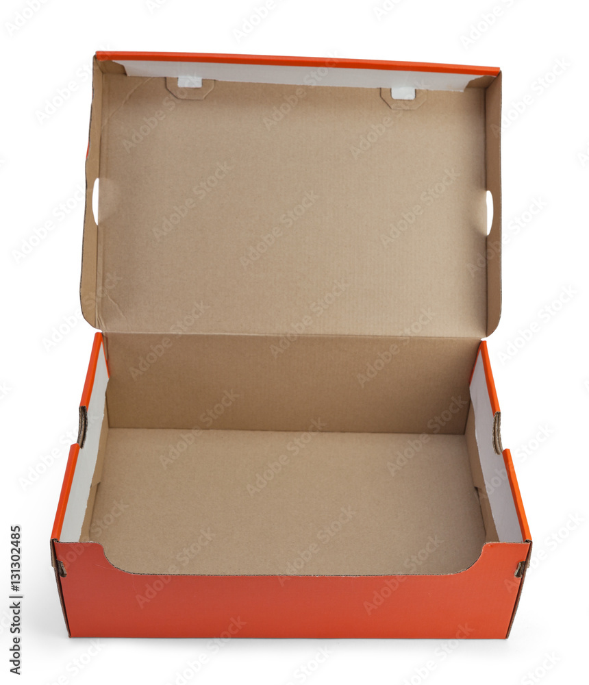 Opened cardboard box, front view. Orange and brown paper box isolated ...