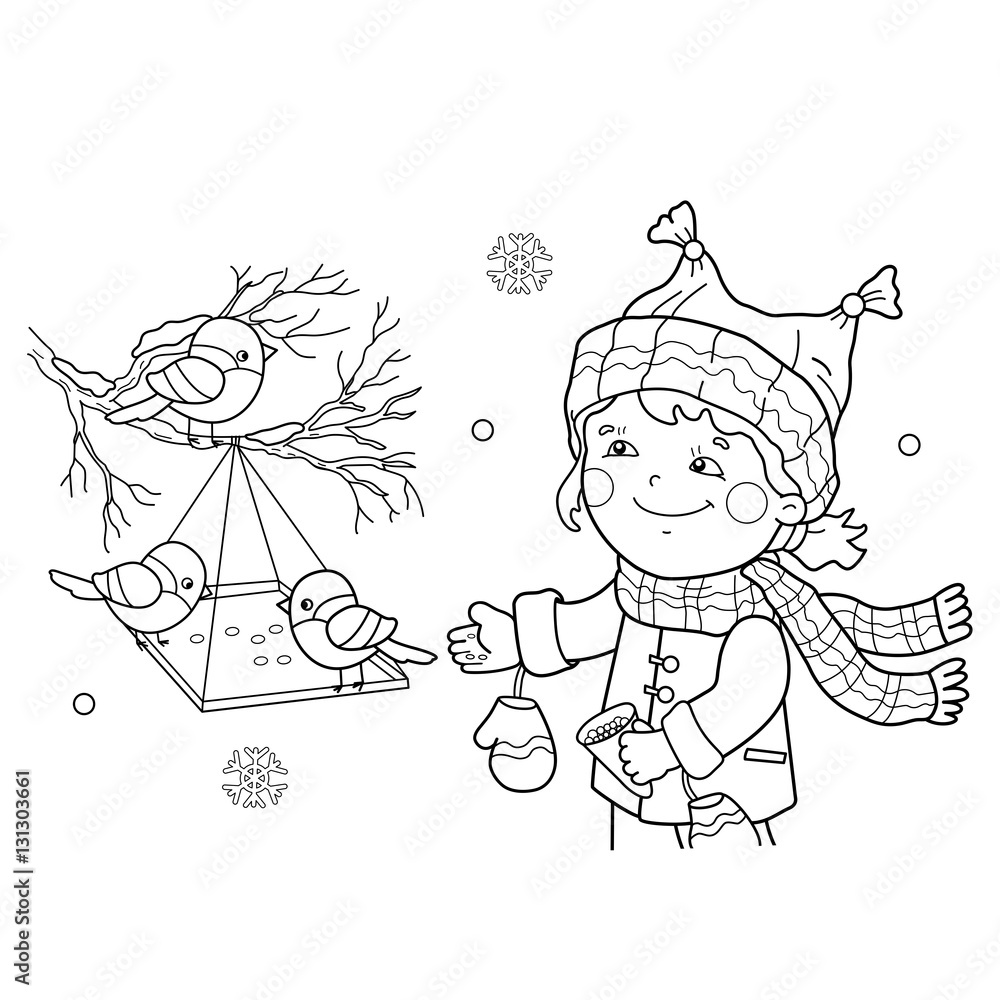 Coloring Page Outline Of cartoon girl feeding birds. Bird feeder ...