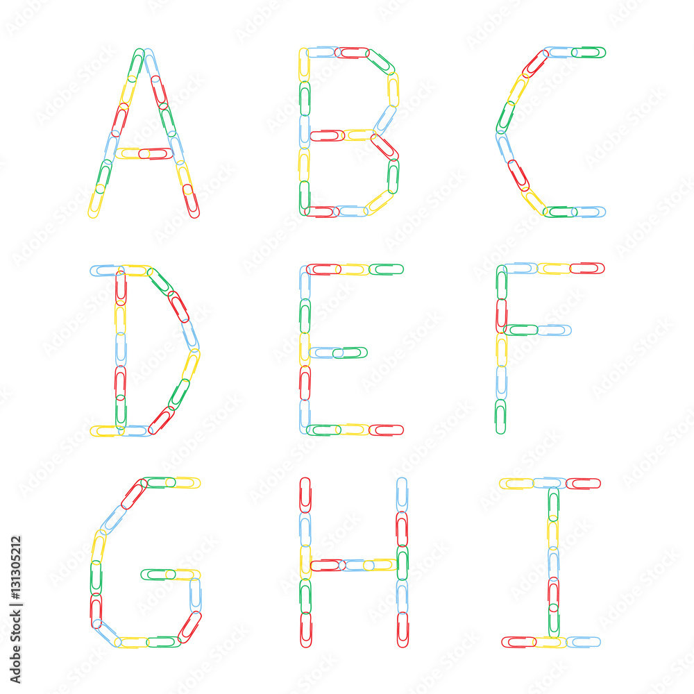Multicolored alphabet of colored paper clips. The letters A, B, C, D, E ...