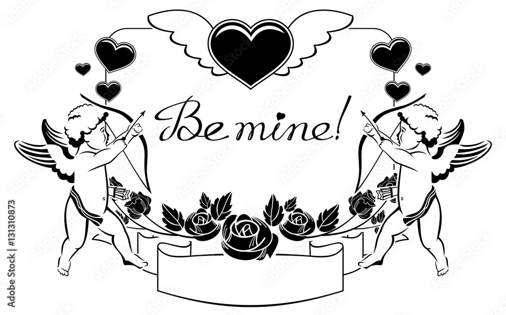 Black and white label with cupid and artistic written text:"Be mine ...