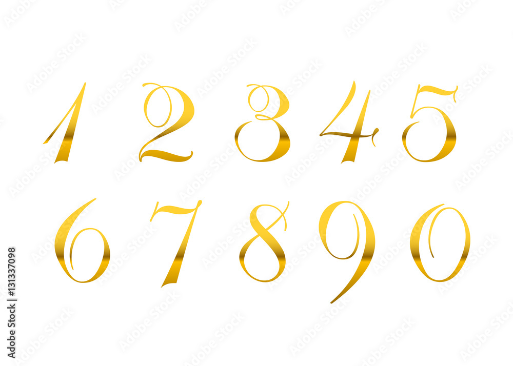 Gold 3d metallic numbers set. Golden metal texture font, isolated on ...