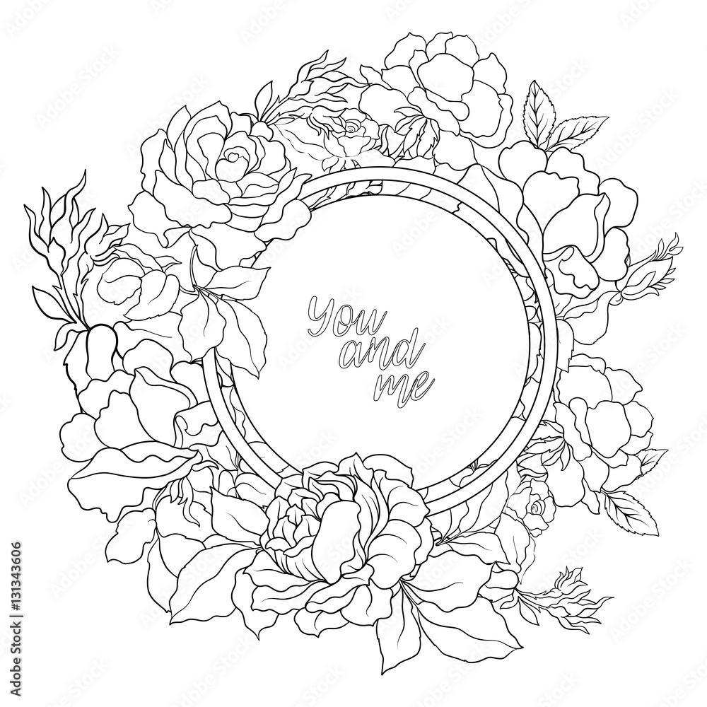 Rose flower background with space for text. Outline drawing colo Stock ...