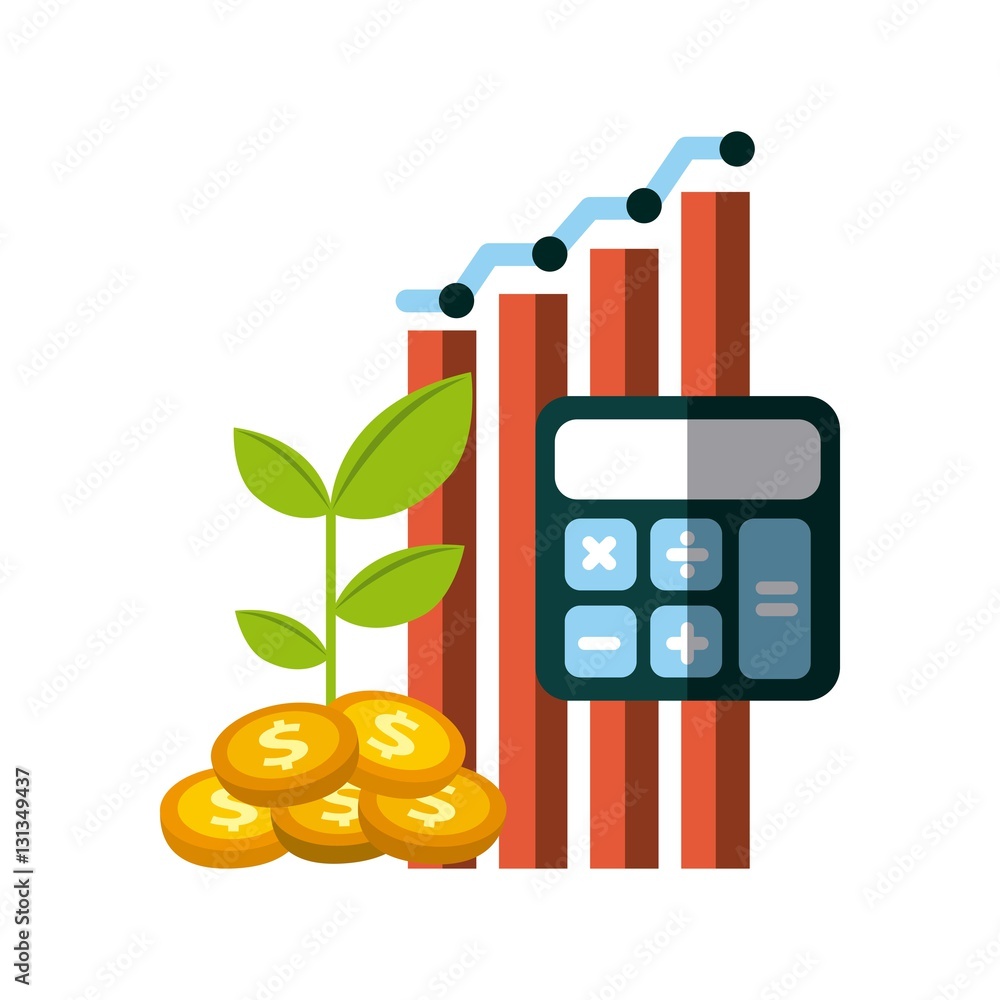 graphic chart with calculator and gold coins over white background ...