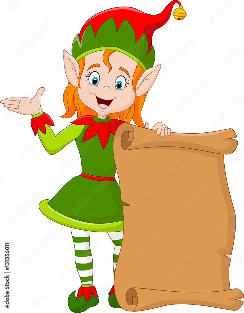 Cartoon Christmas elf girl holding old paper scroll Stock Vector ...