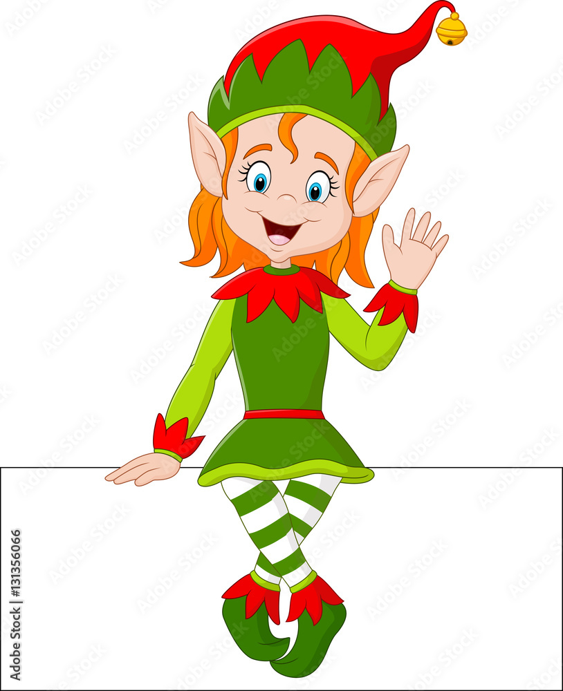Vetor de Cartoon elf girl sitting on blank sign do Stock | Adobe Stock