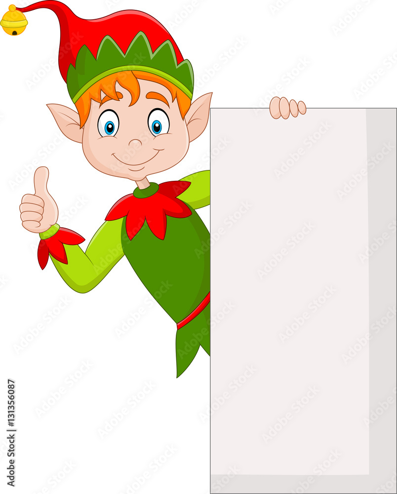 Cute green elf holding blank sign and giving thumbs up Stock Vector ...