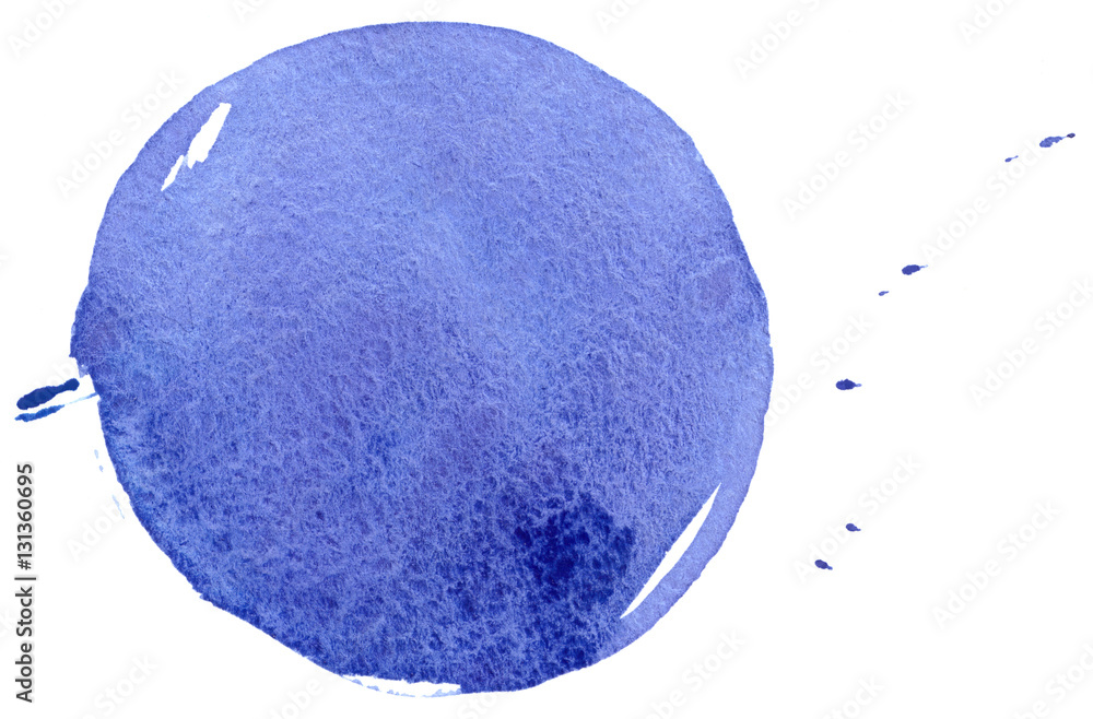 Watercolor stain, abstract blue circle splash with splatters, paper ...