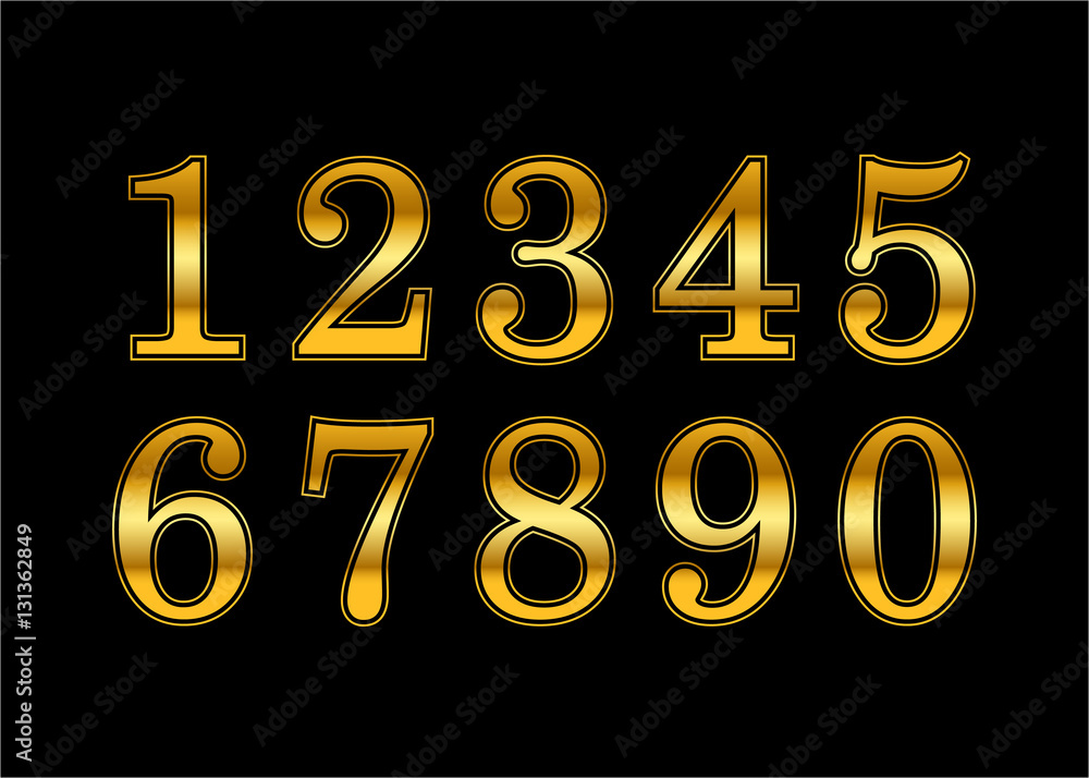 Gold numbers set. Golden metallic font, isolated on black background ...