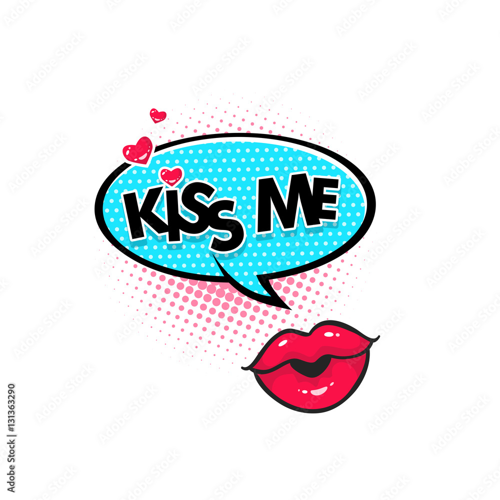 Comic speech bubble with hearts, emotional text Kiss Me and female lips ...