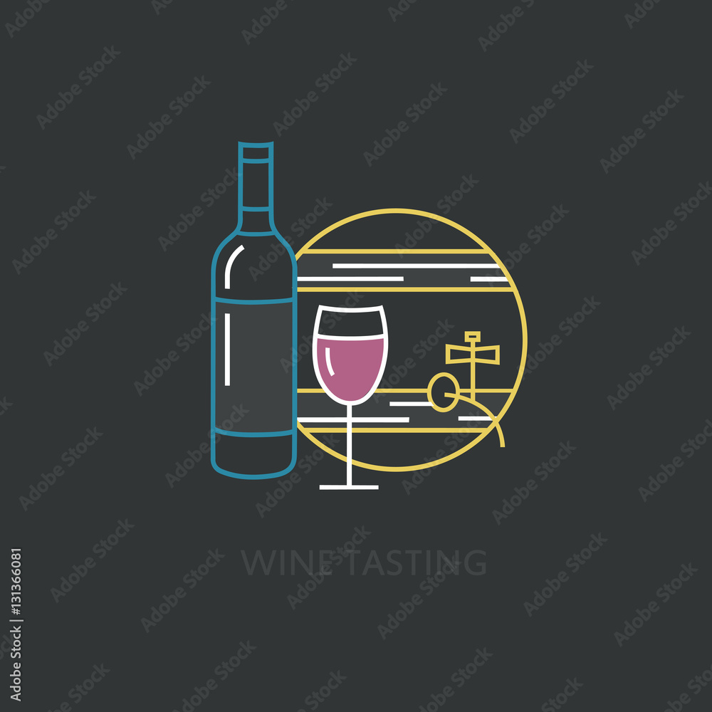logo or label Wine tasting. Line style logotype template with bottle of ...