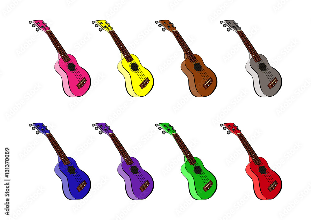 Colorful set of ukulele guitars, cartoon vector and illustration, hand ...
