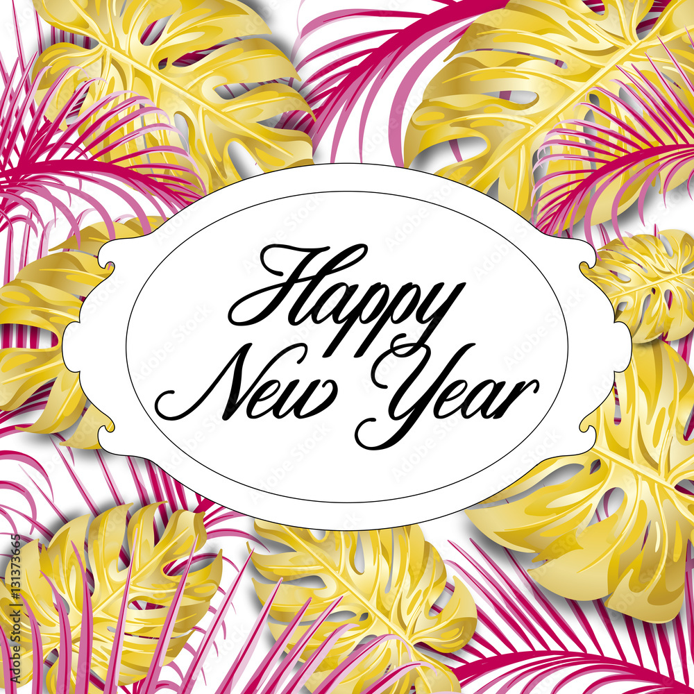 tropical leaves happy new year Stock Vector | Adobe Stock
