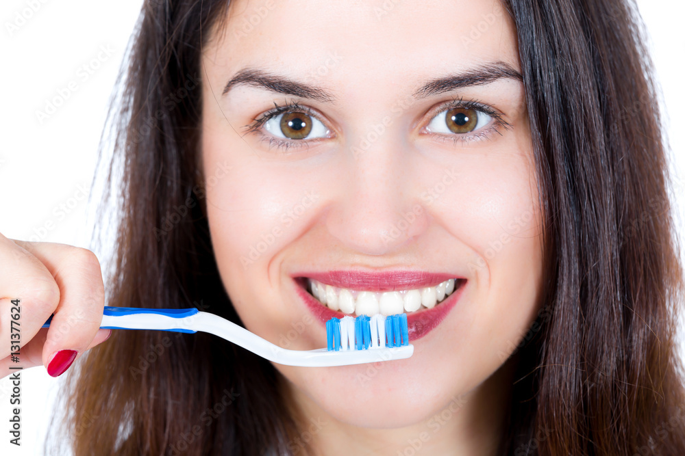 Young woman face, brushing teeth isolated on white background Stock ...