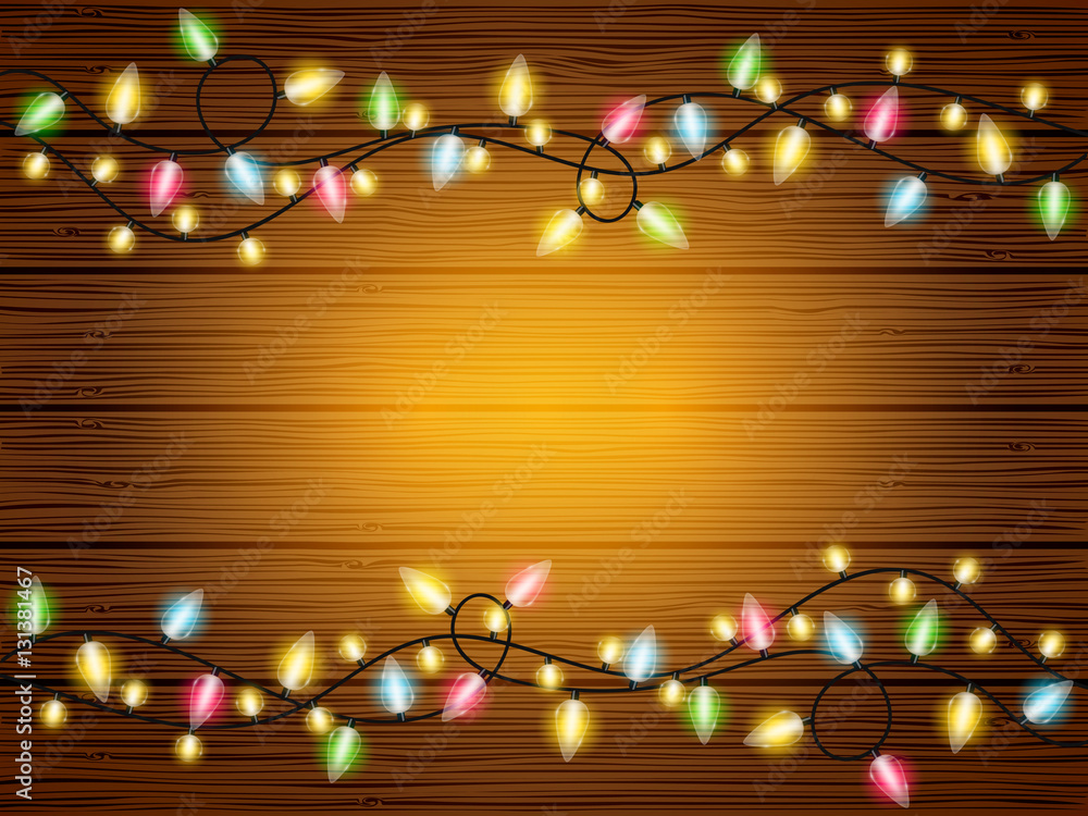 Vector holiday wood texture wallpaper background with colorful light ...
