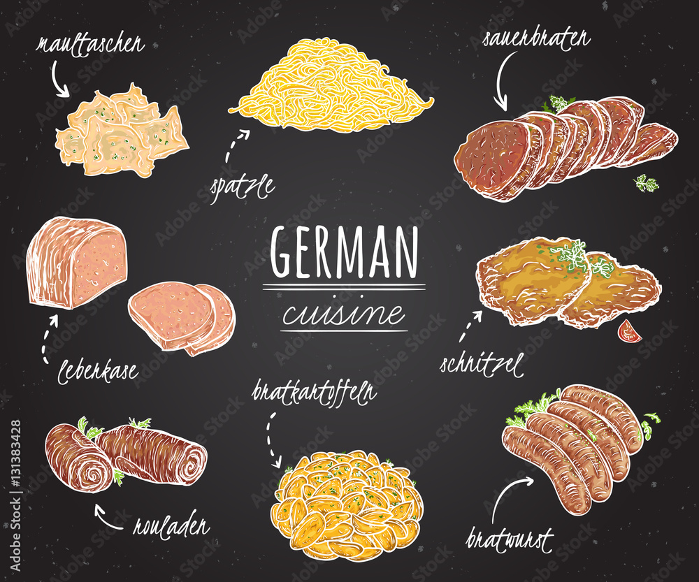 German cuisine. Collection of delicious food on chalkboard. Concept ...