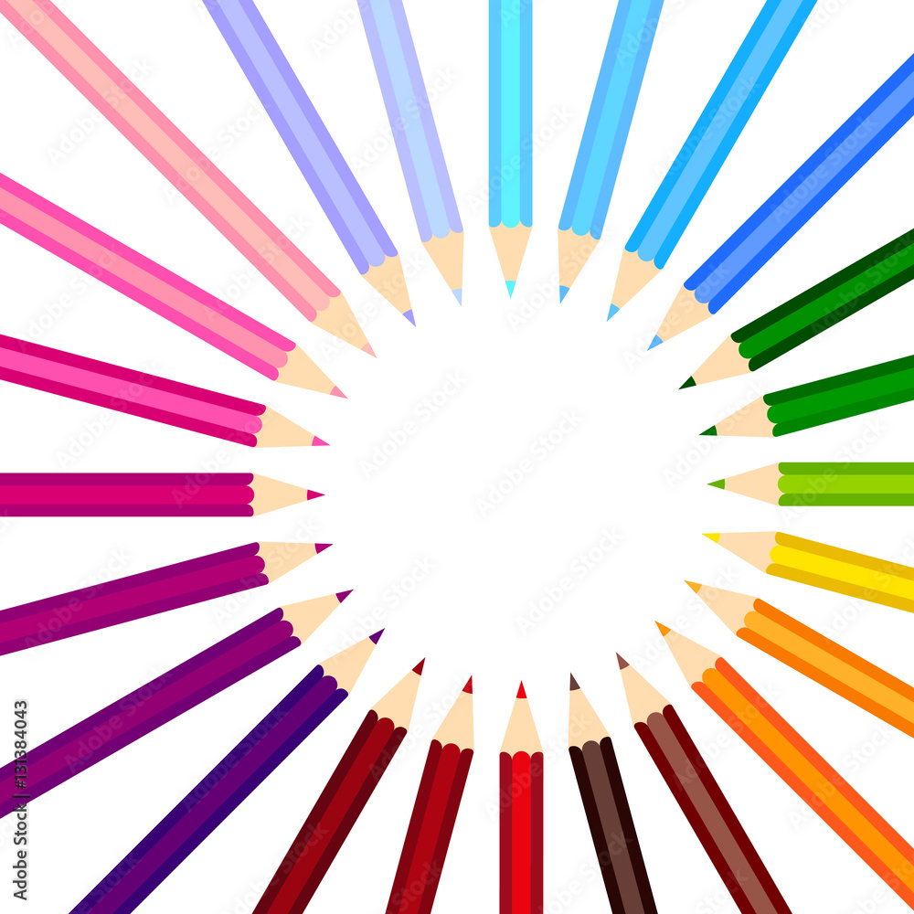Circle of rainbow colored pencils on white background. vector ...