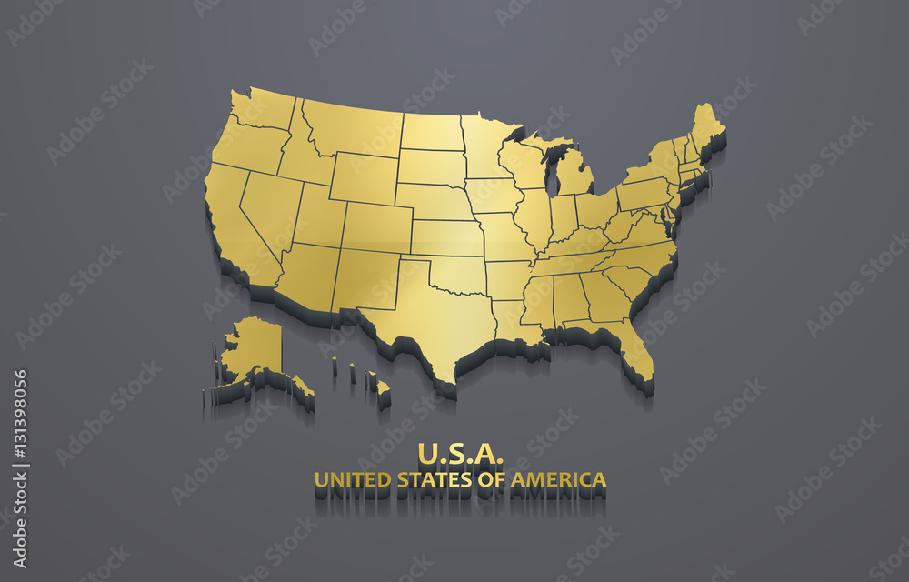 Golden USA Map, Shiny Golden Metallic USA Map, United States of America ...