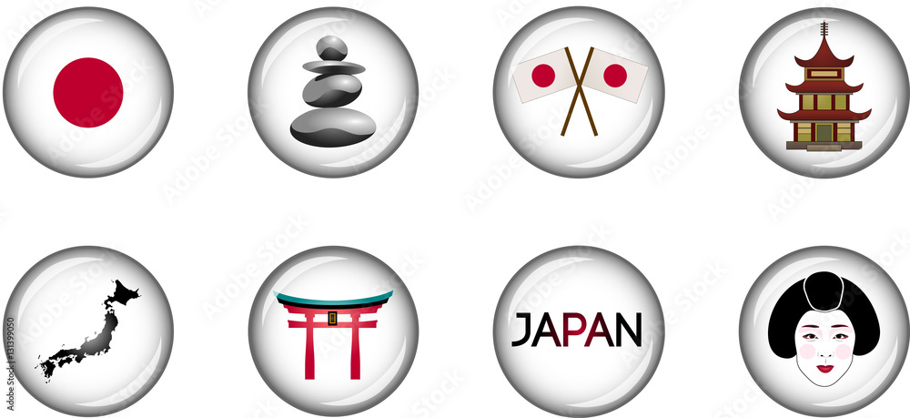 Japan Glossy Button Set. Vector graphic images representing famous ...