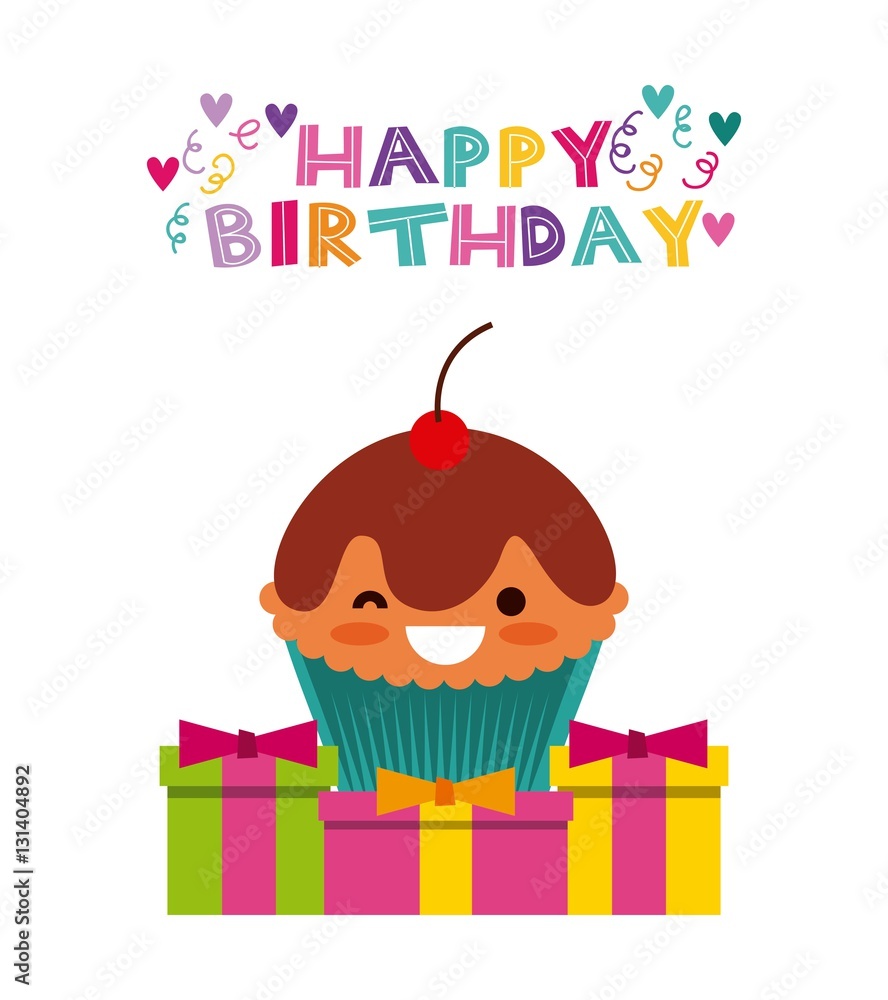 happy birthday card with cartoon cupcake icon. colorful design. vector ...