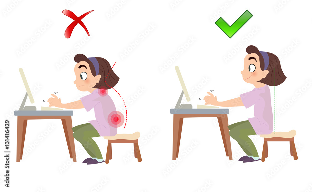 Correct and bad spine sitting posture. Diagram in flat style. Vector ...
