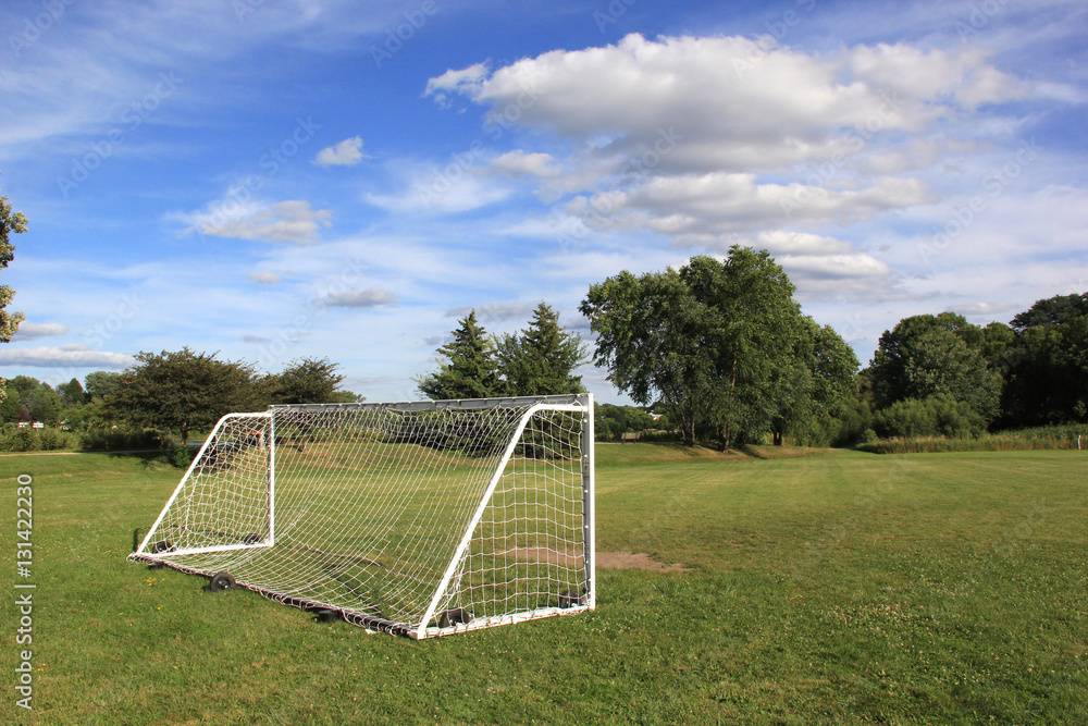 Sunny soccer field. Summer landscape with soccer/football goal on a ...