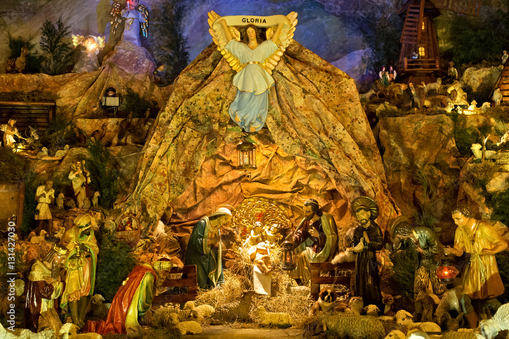 Christmas nativity scene inside the catholic monastery Church of Sts ...