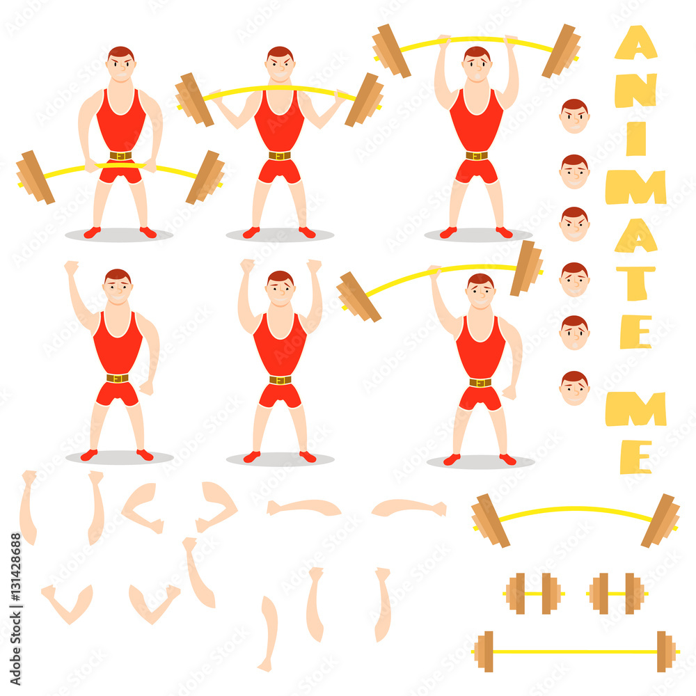 Vetor de Cartoon man barbell exercises squat, deadlift, overhead press ...