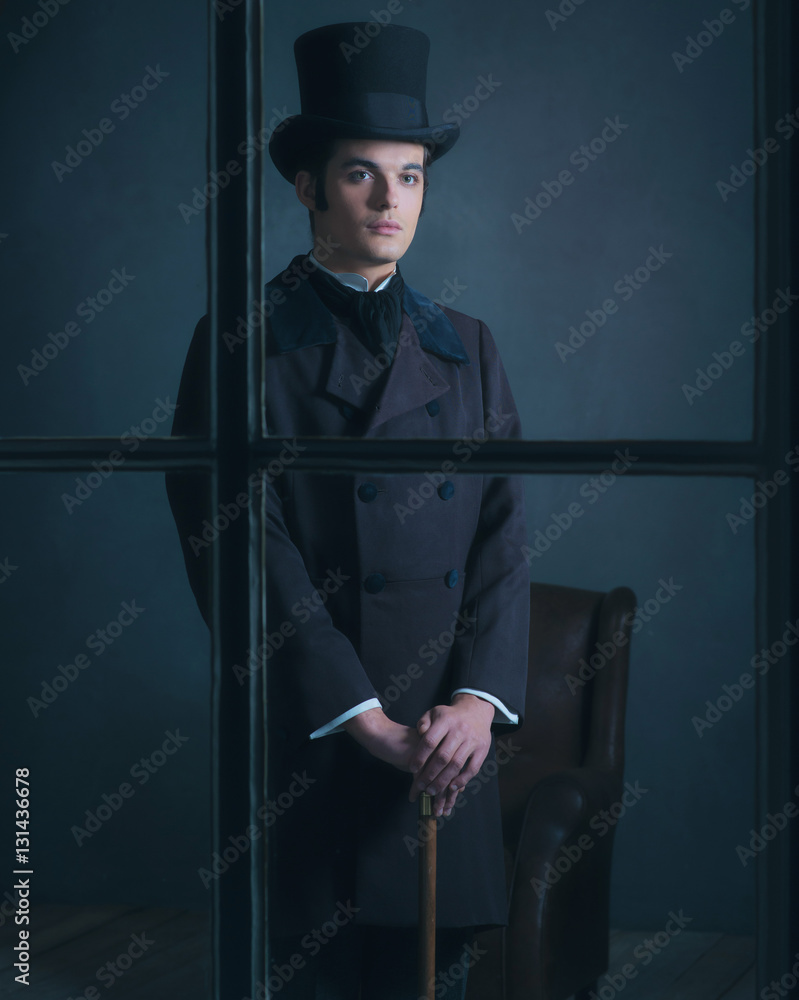 Dickens style man standing with cane behind window. Stock Photo | Adobe ...