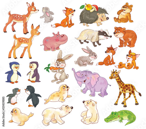 Set of cute baby animals. Coloring page. Deer, fox, penguin, hippo ...
