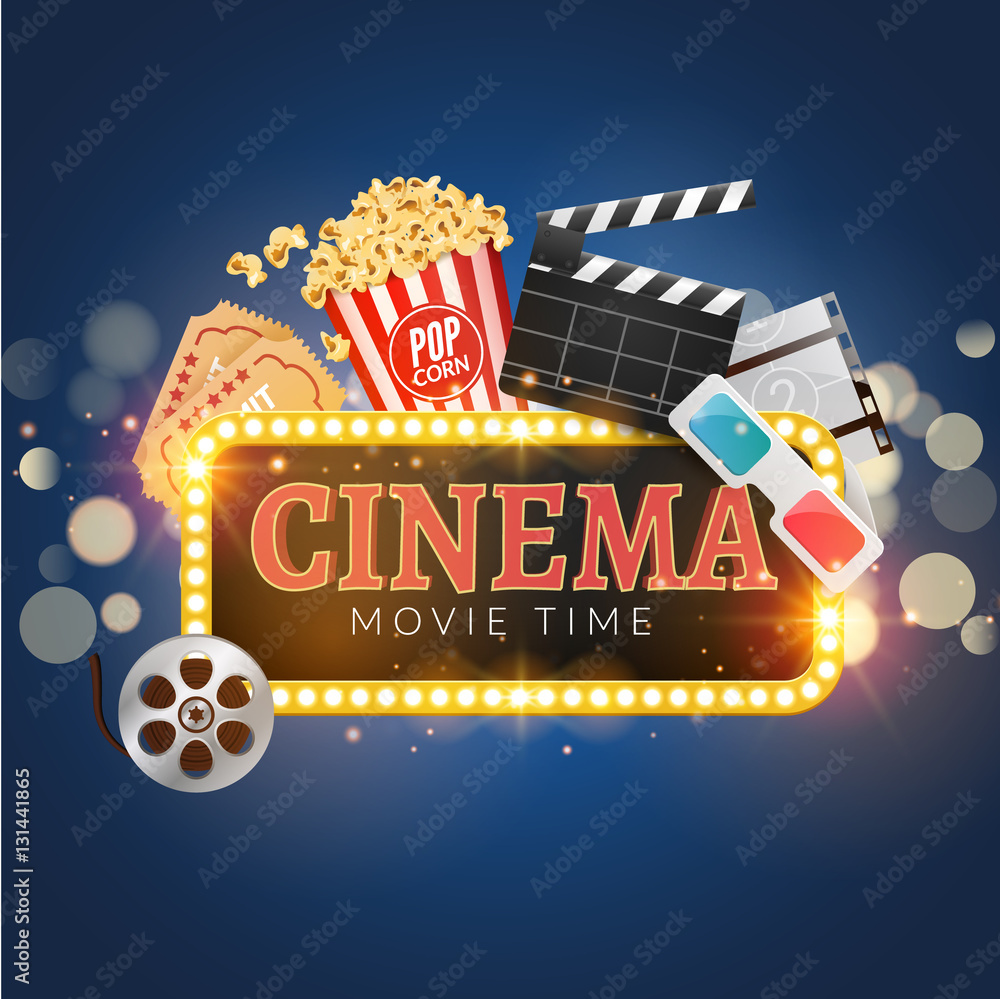 Cinema movie vector poster design template. Popcorn, filmstrip ...