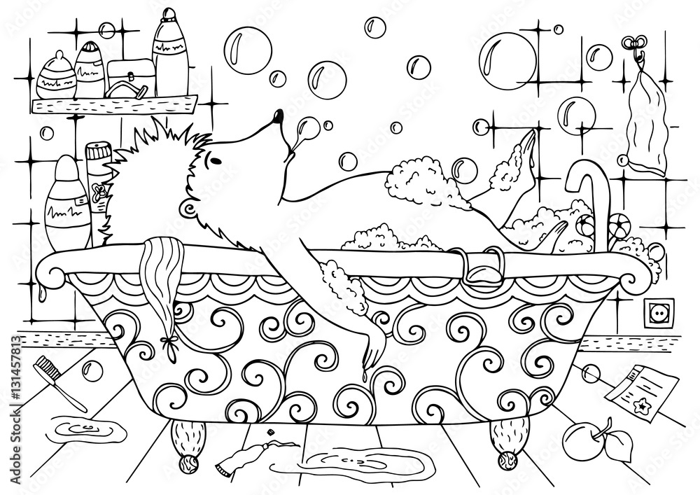 Doodle illustration of a hedgehog is bathed in the bath. Vector ...