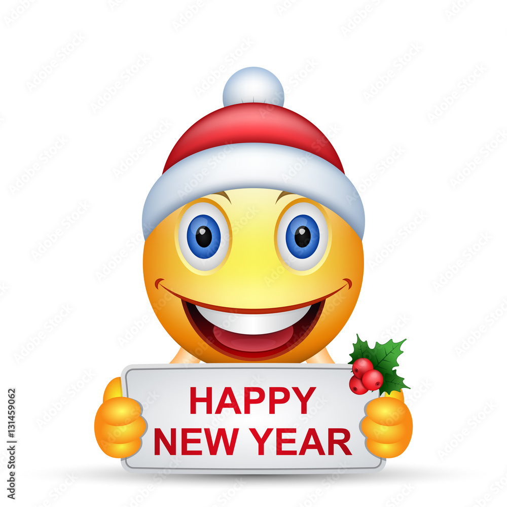 Cartoon emoticon smiley with Santa Hat holding a banner Happy New Year ...