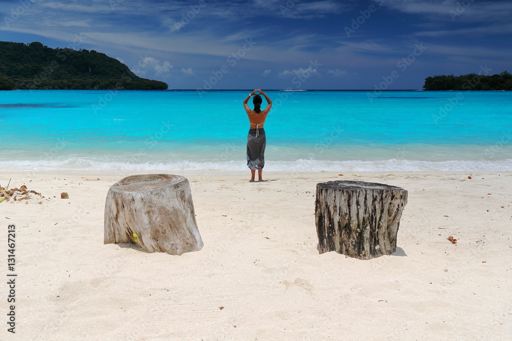 Tourist woman-sand beach at Port Olry. Espiritu Santo island-Vanuatu ...