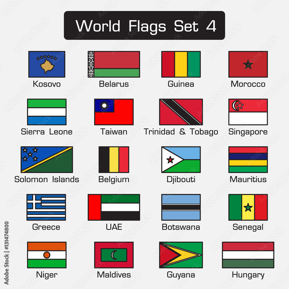 World Flags Set 4 Simple Style And Flat Design Thick Outline