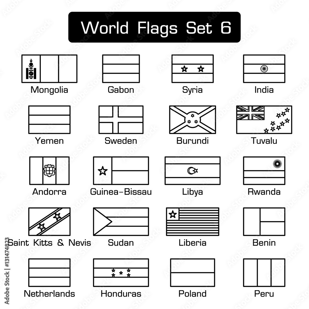 World flags set 6 . simple style and flat design . thick outline ...