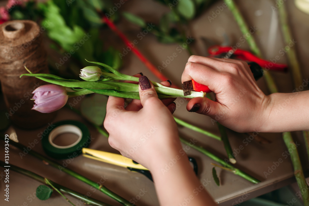 Woman work above table with florist tools. Stock-Foto | Adobe Stock
