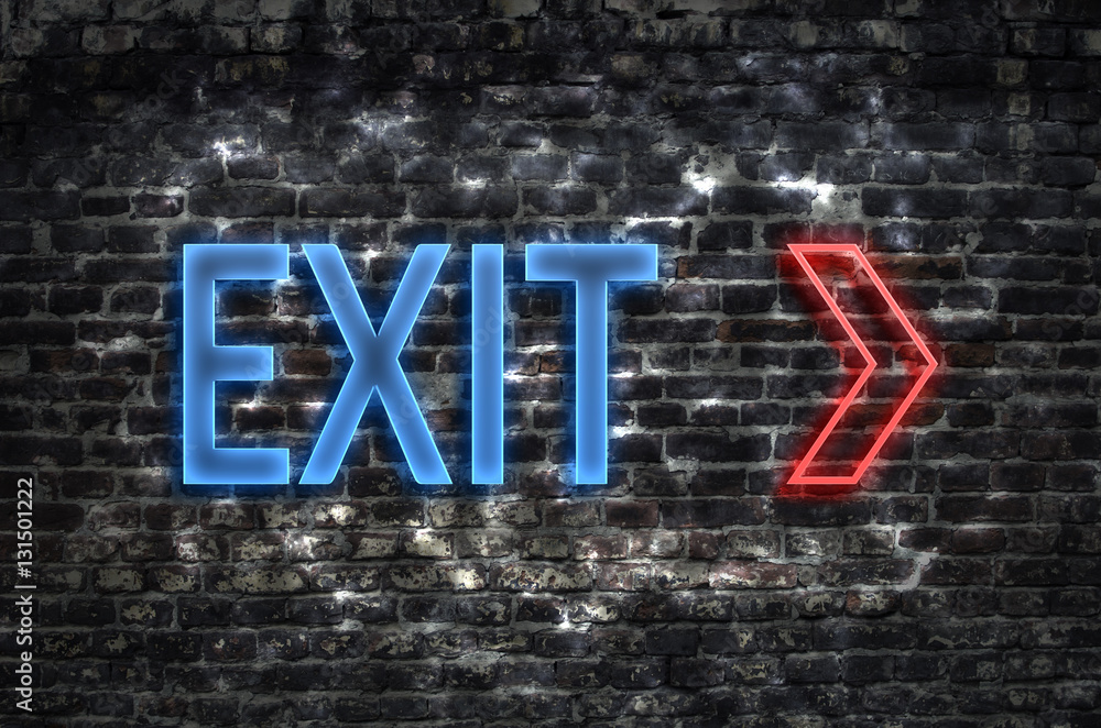 Blue neon exit sign on dark brick wall Stock-Foto | Adobe Stock