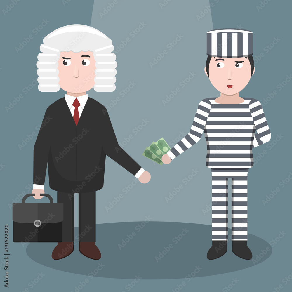Vector cartoon concept of corruption with prisoner and judge character ...