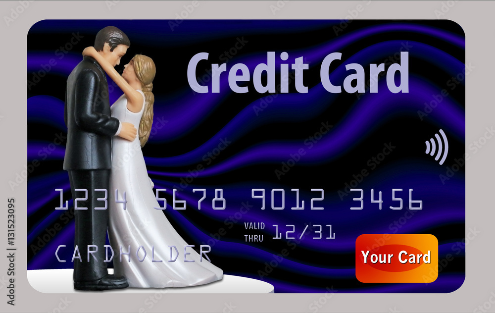 Credit card to pay for a wedding is shown with a wedding cake topper as ...