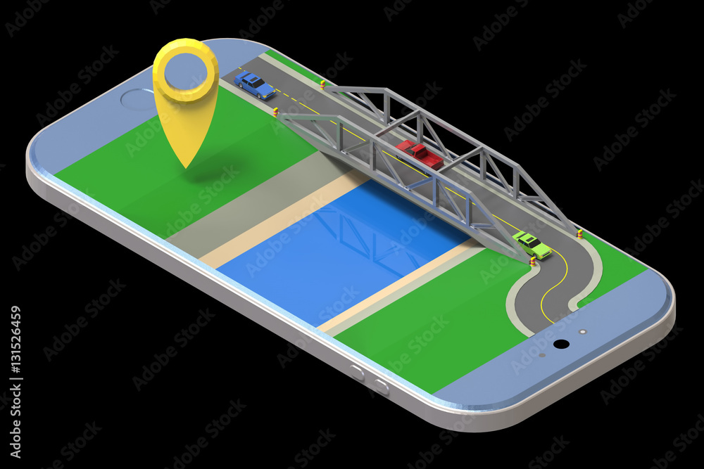 Conceptual illustration of the area with a bridge across the river, the ...