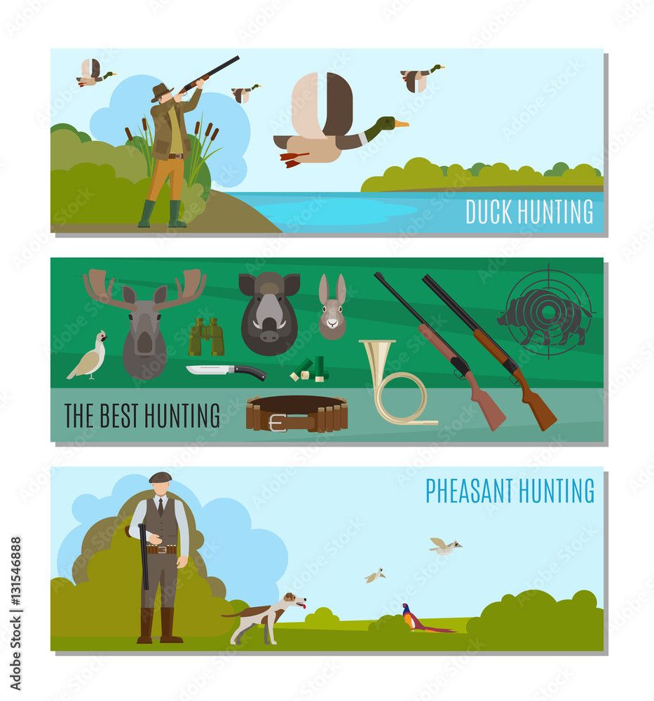 Hunting headers for website. Vector wild birds and animals hunting ...