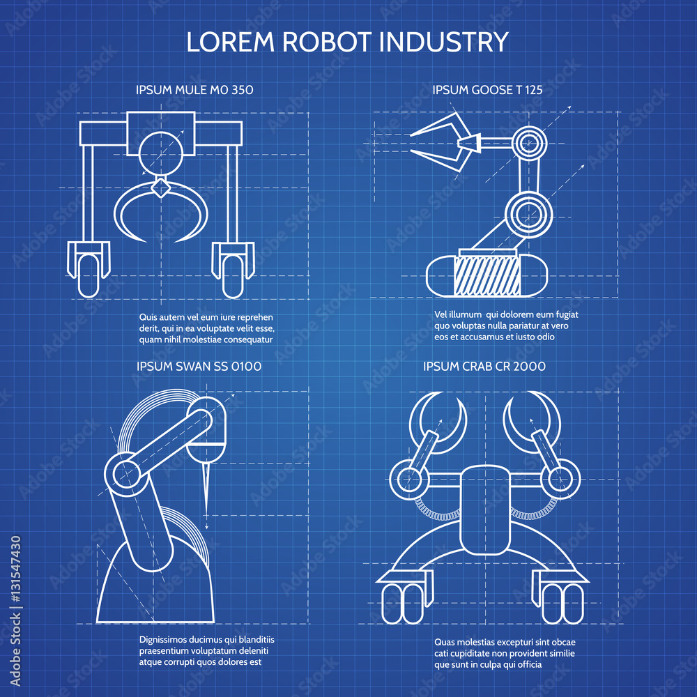 Robot arms blueprint vector illustration. Industrial robotic armed ...