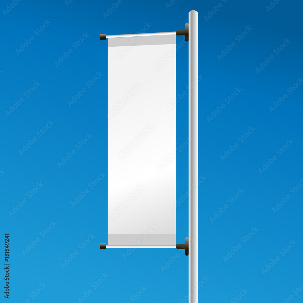 Advertising flag on blue background. White blank vertical flag. Flag ...