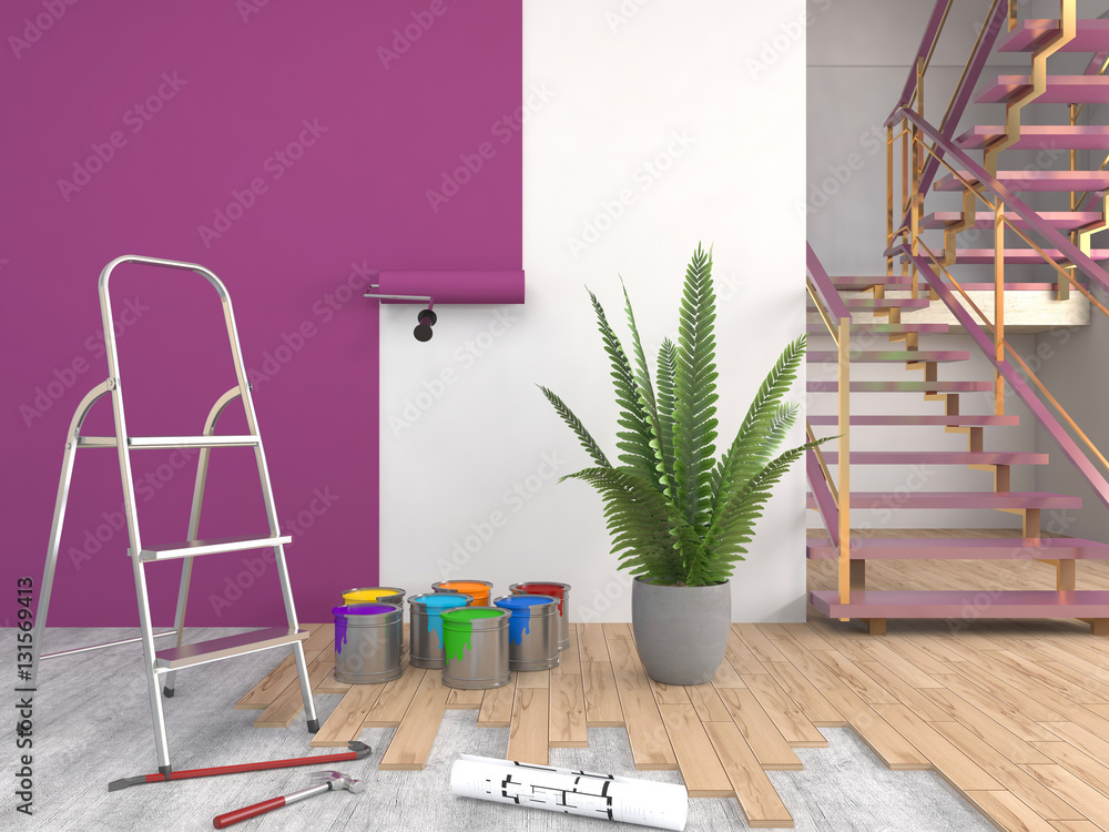 Repair and painting of walls in room. 3D illustration Stock ...