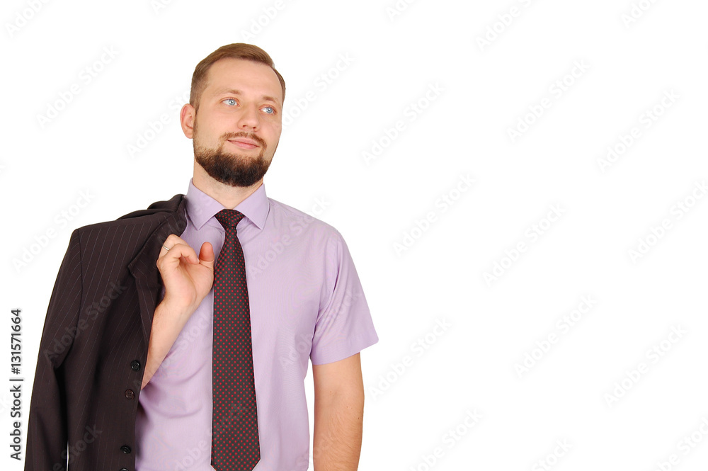 Thoughtful young businessman is holding his jacket and looking into the ...