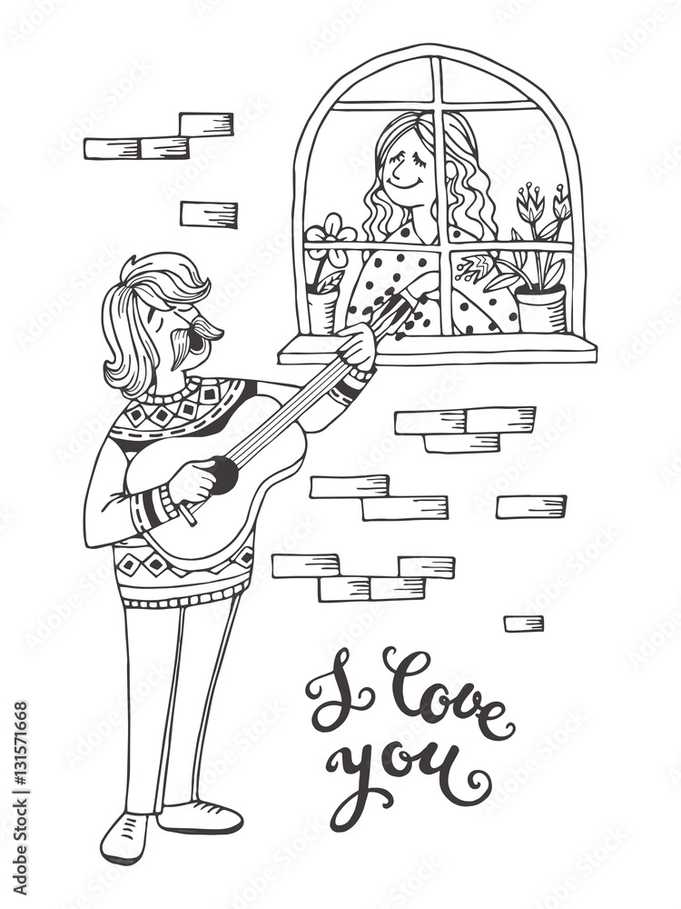 Sketch hand-drawn cartoon man takes a serenade under the window of his ...