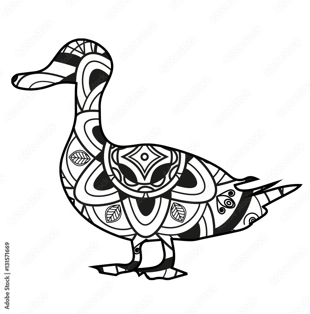 Vector illustration of black and white duck mandala for coloring book ...