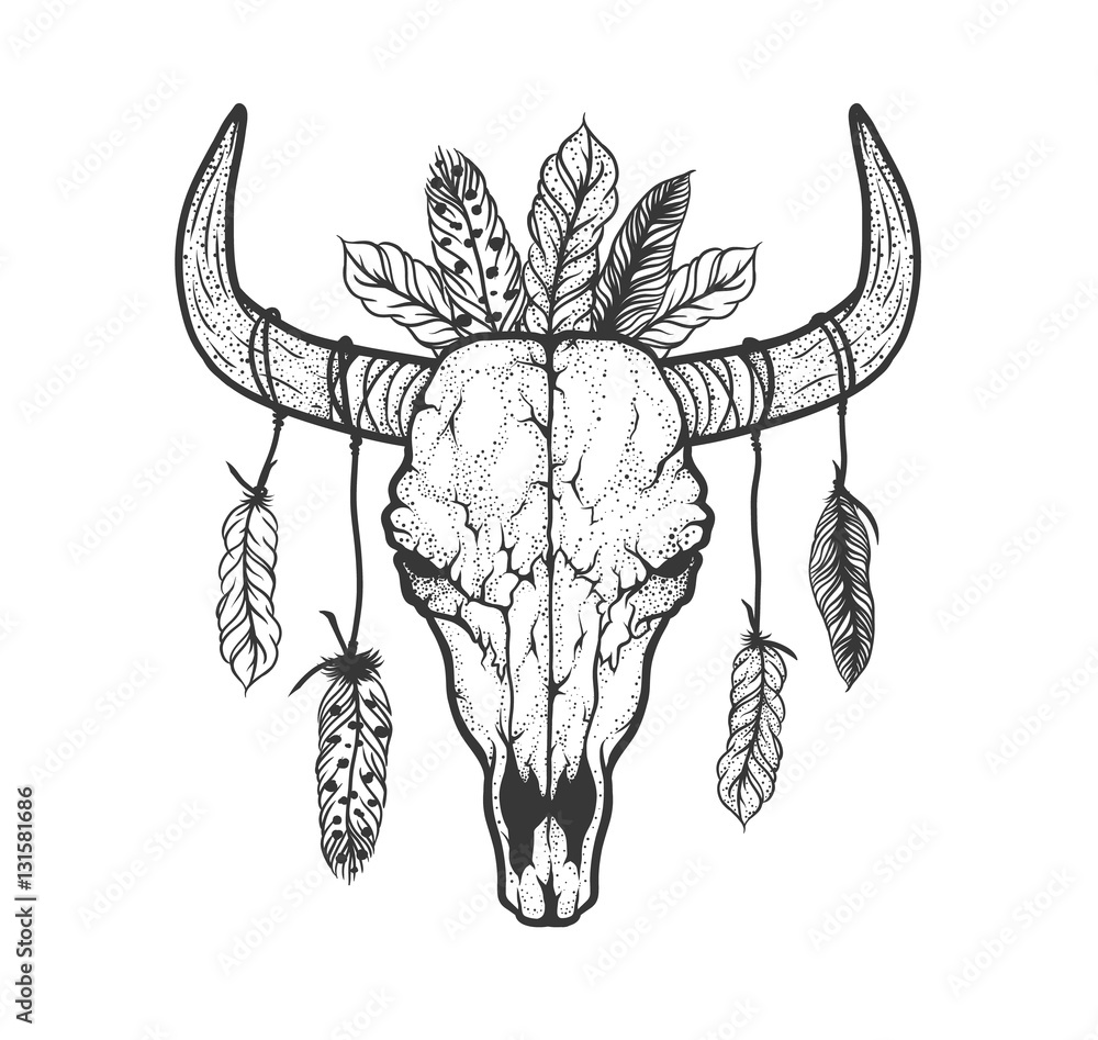 Bull skull with feathers native Americans tribal style. Tattoo ...